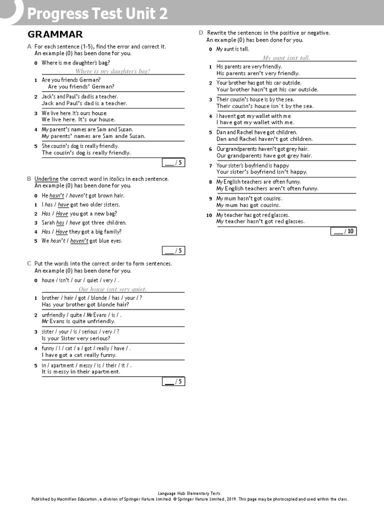 English Class Test Unit 2 | PDF