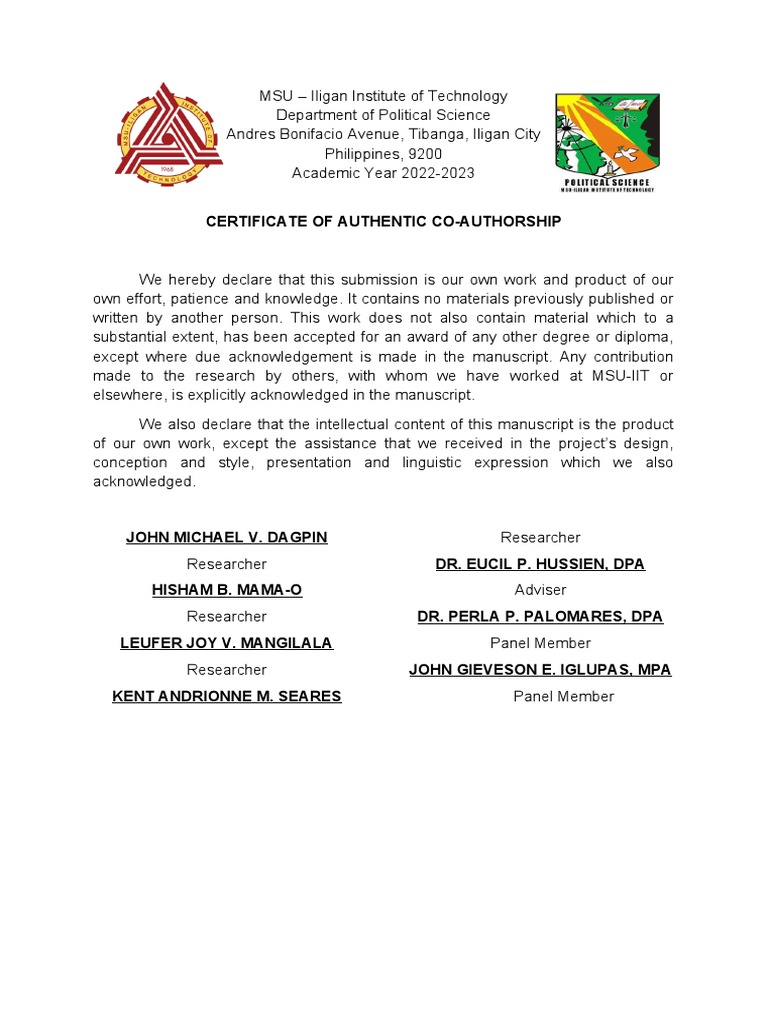 Thesis Authorship Certificate MSU-IIT | PDF | Career & Growth | Wellness