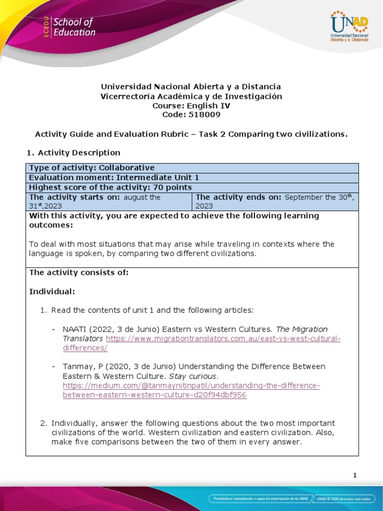 Activities Guide and Evaluation Rubric - Unit 1 - Task 2 - Comparing Two Civilizations | PDF ...