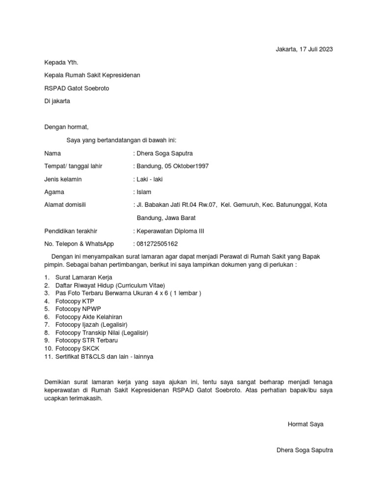 Surat Lamaran Perawat RSPAD Gatot Soebroto | PDF