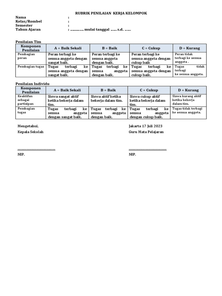 Rubrik Penilaian Kerja Kelompok | PDF