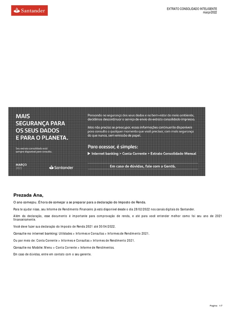Extrato Financeiro Março 2022 - Santander | PDF | Finanças pessoais ...