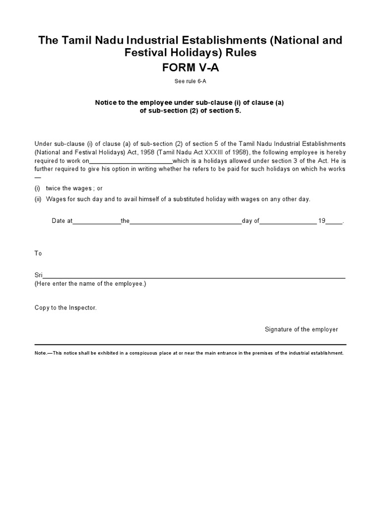 The Tamil Nadu Industrial Establishments (National and Festival Holidays) Rules Form V-A | PDF