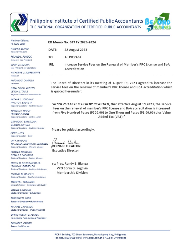 ED Memo No. 008 FY 2023 2024 Increase Service Fees For Processing Memebers Renewal of PIC ID and ...