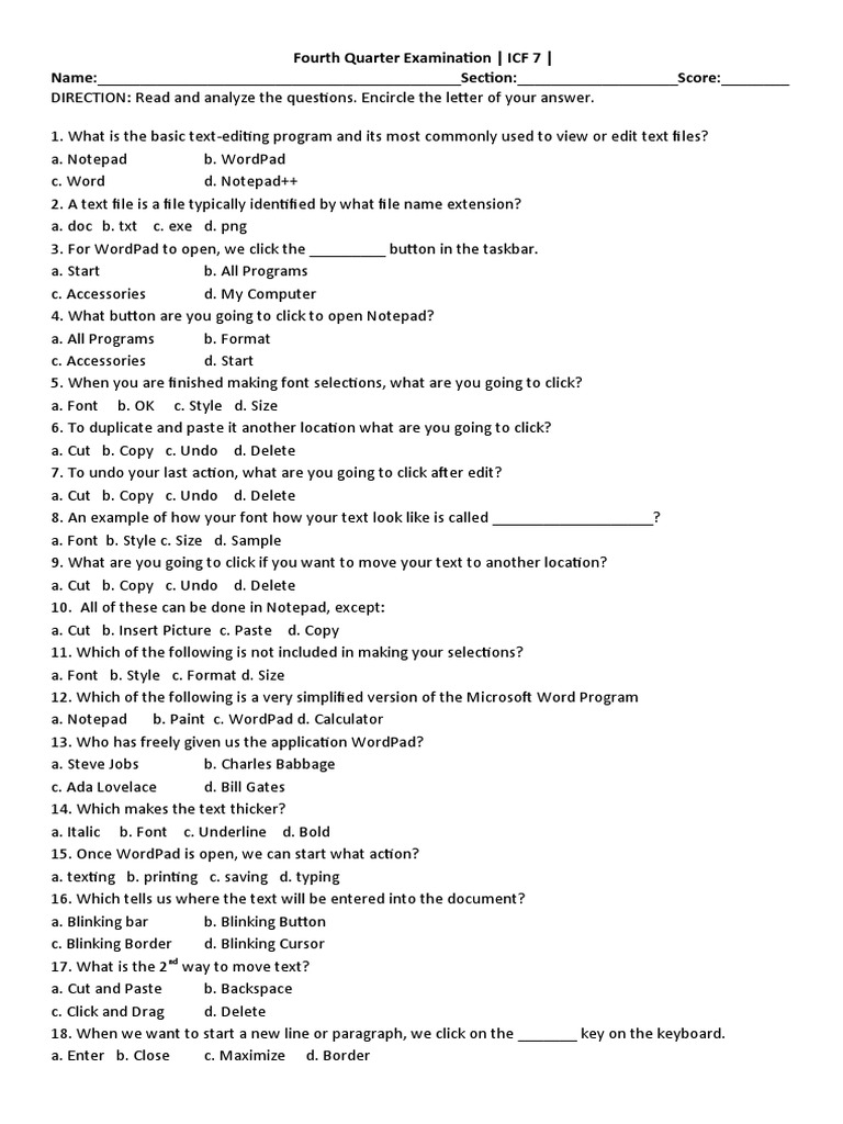 Fourth Quarter Exam: Text Editing Basics | PDF | Microsoft Word ...