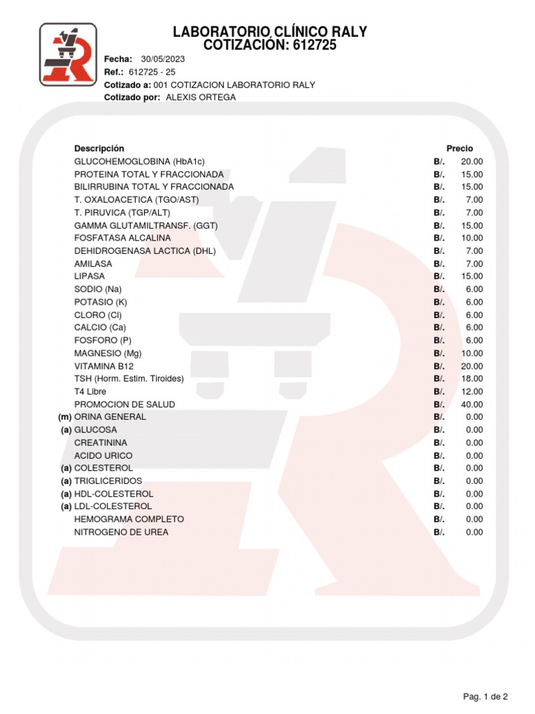 Precios de Exámenes en Laboratorio Raly | PDF | Química | Nutrición