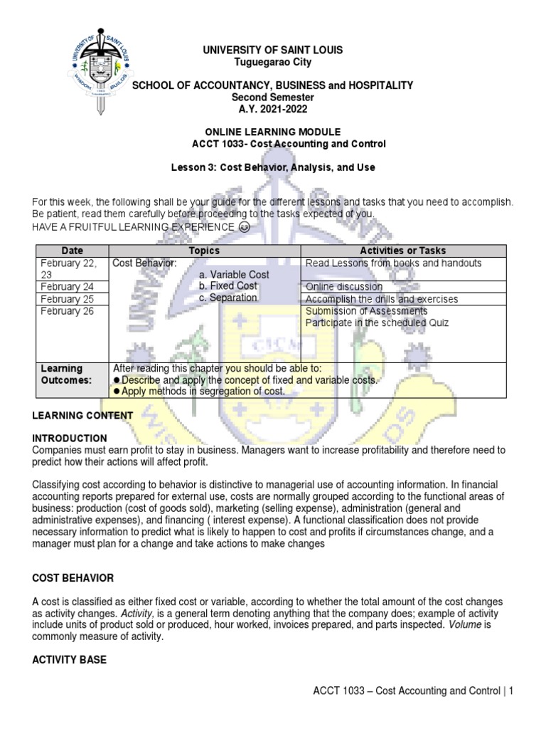 ACCT 1033 - Cost Behavior | Download Free PDF | Regression Analysis | Least Squares