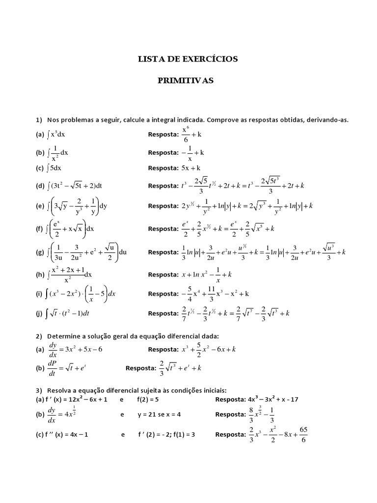 PRIMITIVAS - Lista 1 - Integrais - 20231 | PDF | Objetos matemáticos ...