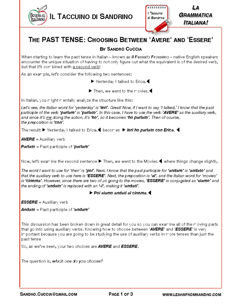 Essere Vs Avere | PDF | Verb | Grammatical Tense