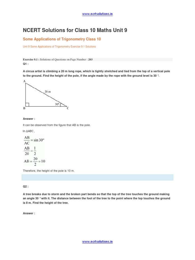 Class 10 Trigonometry Applications Solutions | PDF | Angle | Height