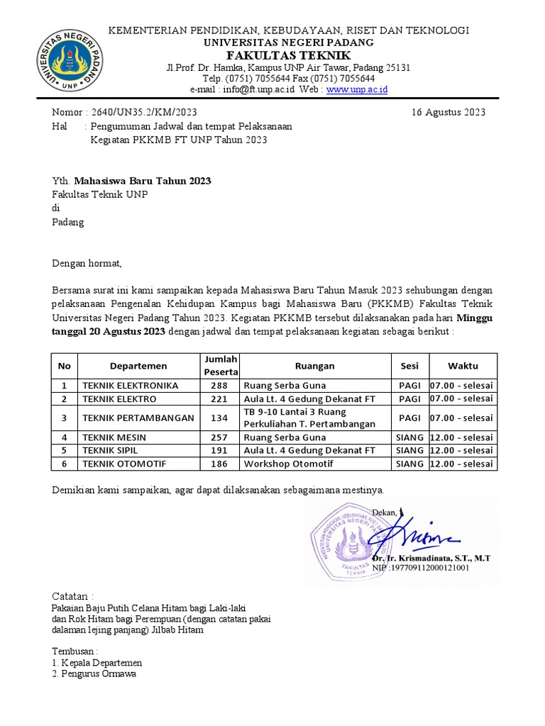Pemberitahuan Jadwal PKKMB 2023 FT UNP | PDF