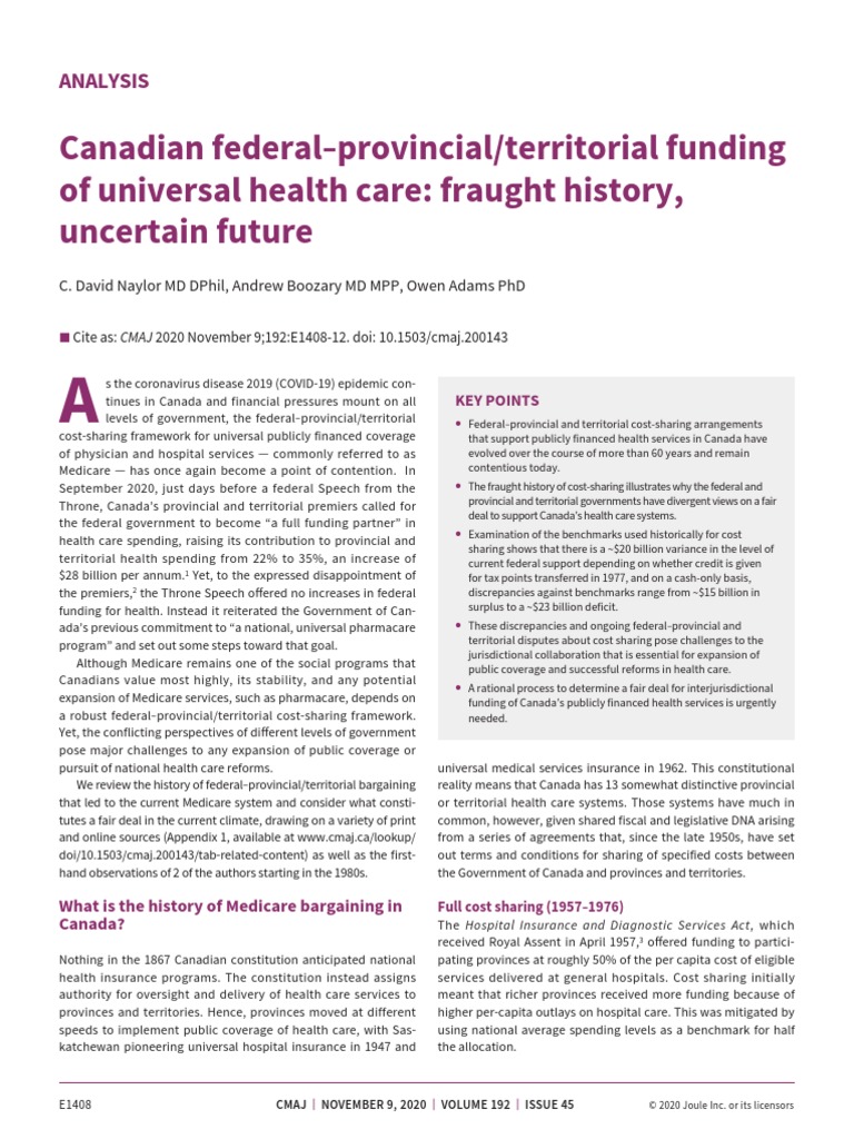 Naylor - 2020 - Canadian Federal-Provincial Funding of Universal Health ...