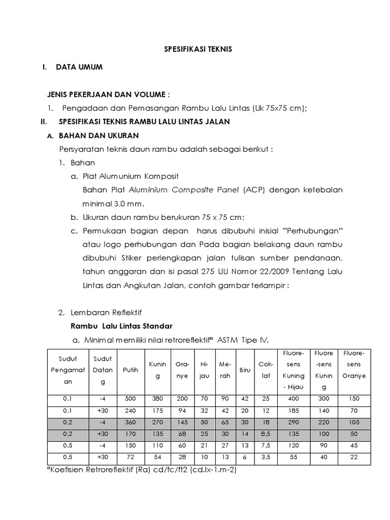 Spesifikasi Teknis Rambu Lalulintas | PDF