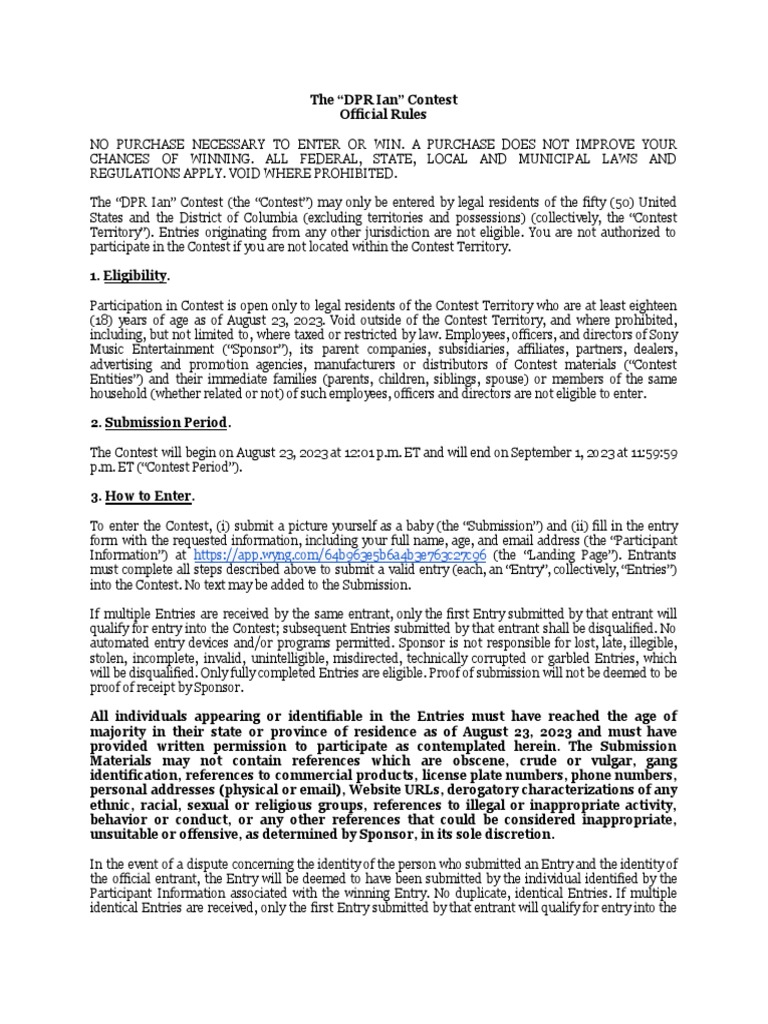 DPR Ian Contest Official Rules | PDF | Damages | Indemnity