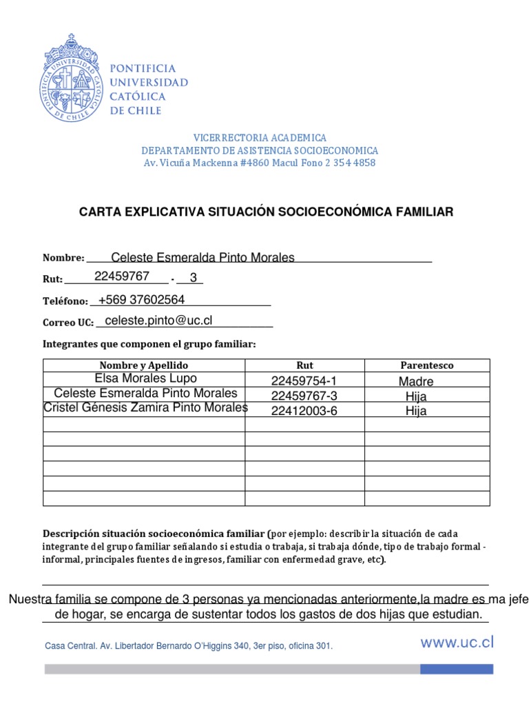 Carta Explicativa de La Situacion Socioeconomica Familiar 2 1 2 | PDF
