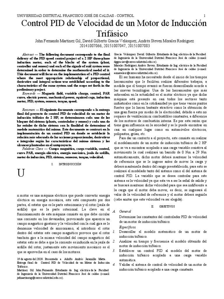 1 - Entrega Final - Control PID de Un Motor de Inducción | PDF | Ingenieria Eléctrica | Electricidad