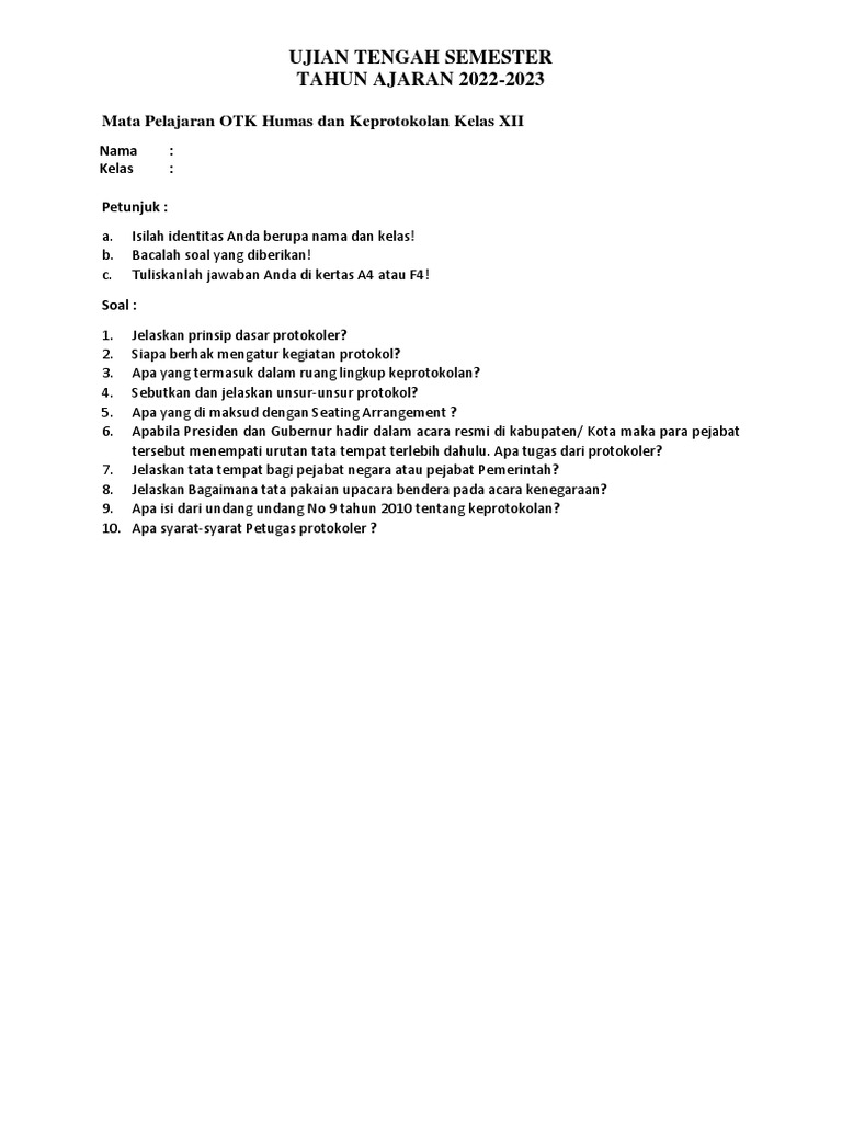 MID TA 2022-2023 OTK Humas Dan Keprotokolan Kelas XII | PDF