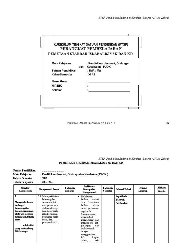 Pemetaan SK KD Penjas Kelas Xi SMT 2 | PDF