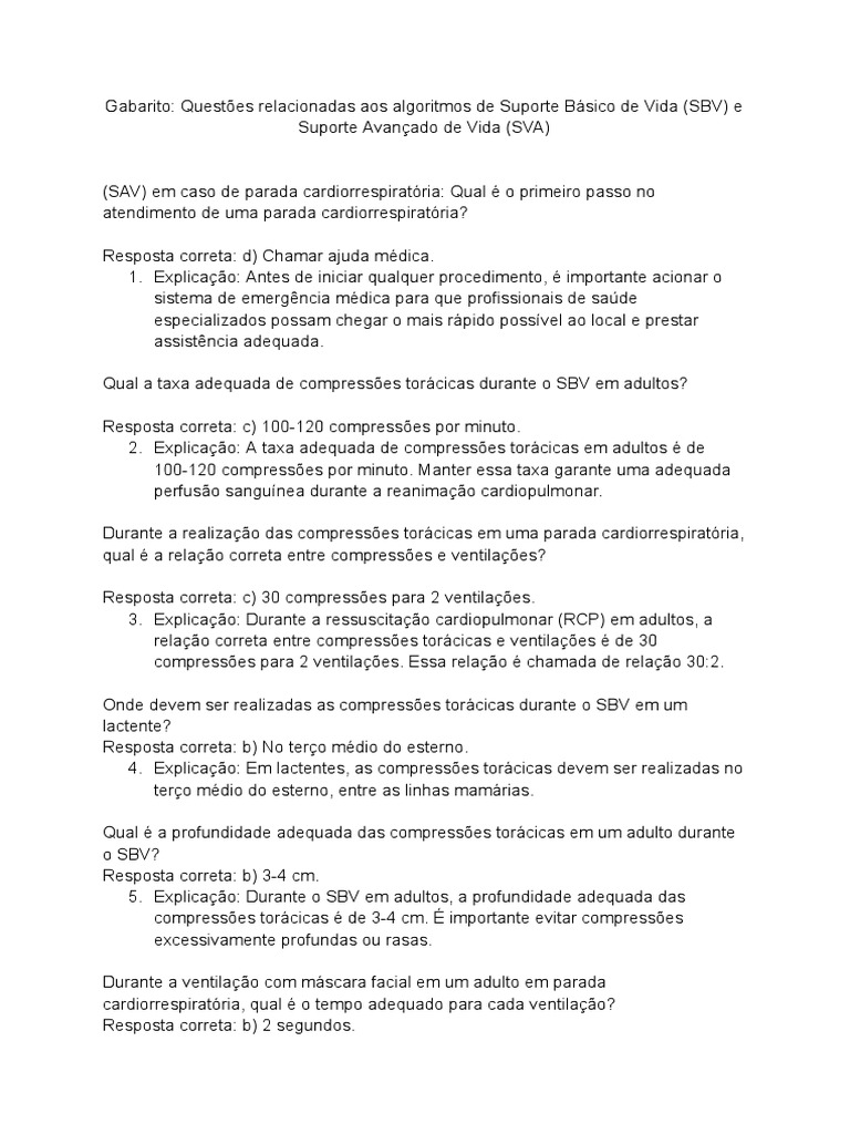 Gabarito SBV e SAV | PDF | Reanimação cardiopulmonar | Medicina Clínica