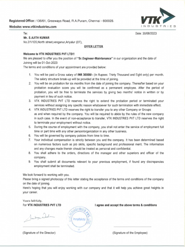 Offer Letter-Ajith Kumar | PDF