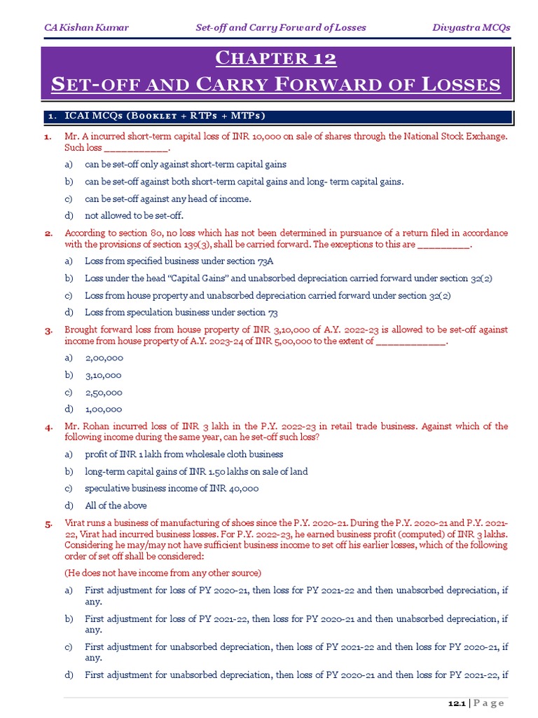 MCQ CH 12 - Set-Off and Carry Forward of Losses - Nov 23 | PDF ...
