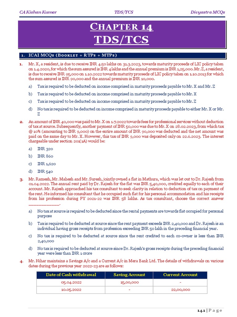 TDS/TCS MCQs for CA Students | PDF | Dividend | Taxes