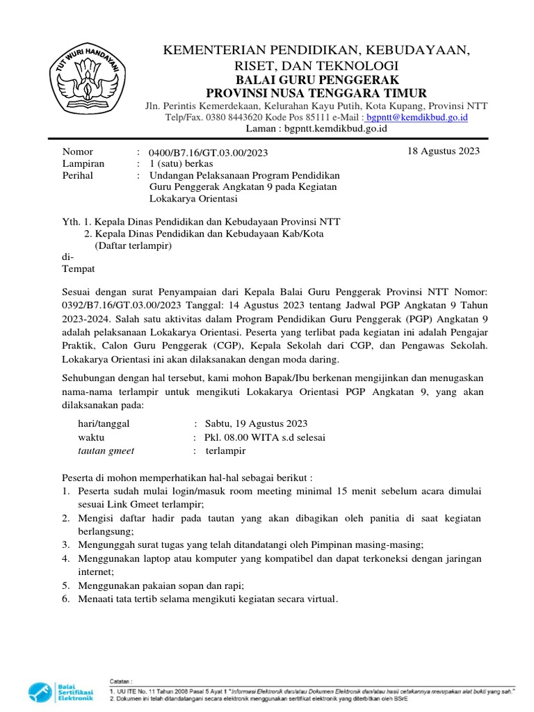 BGP NTT-Undangan Loka Orientasi PPGP 9 | PDF