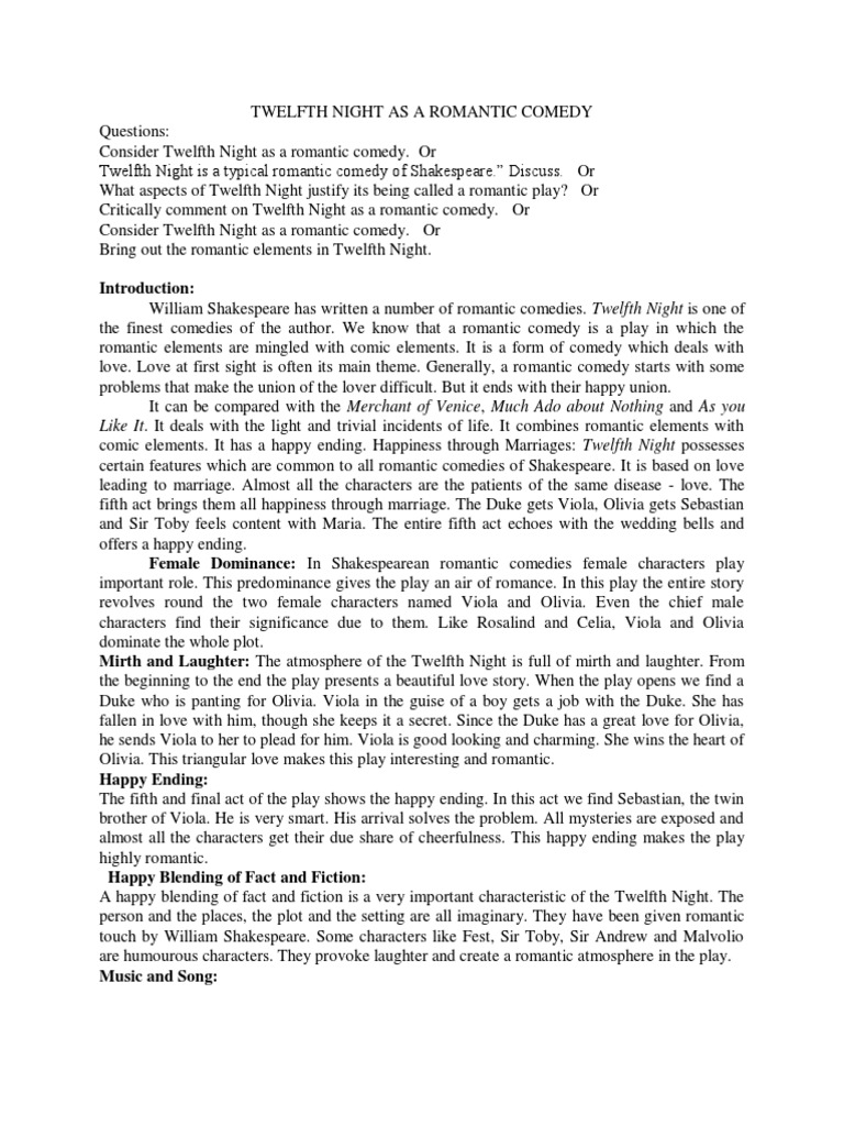 Twelfth Night: A Romantic Comedy Analysis | PDF | Twelfth Night