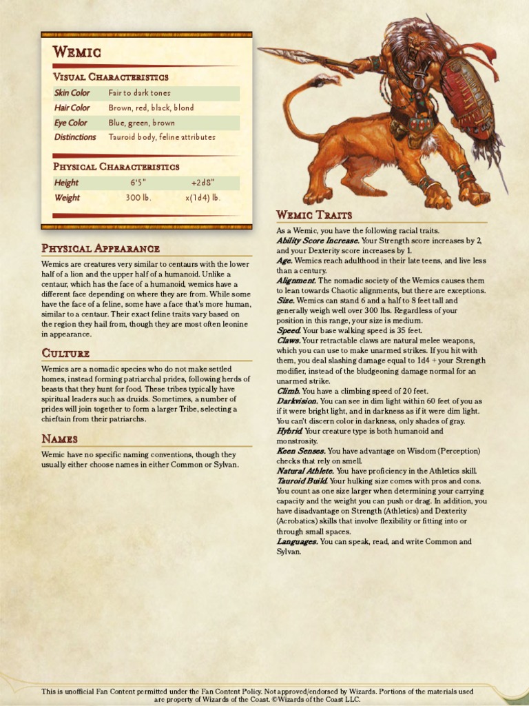 Race - Wemic - GM Binder | PDF