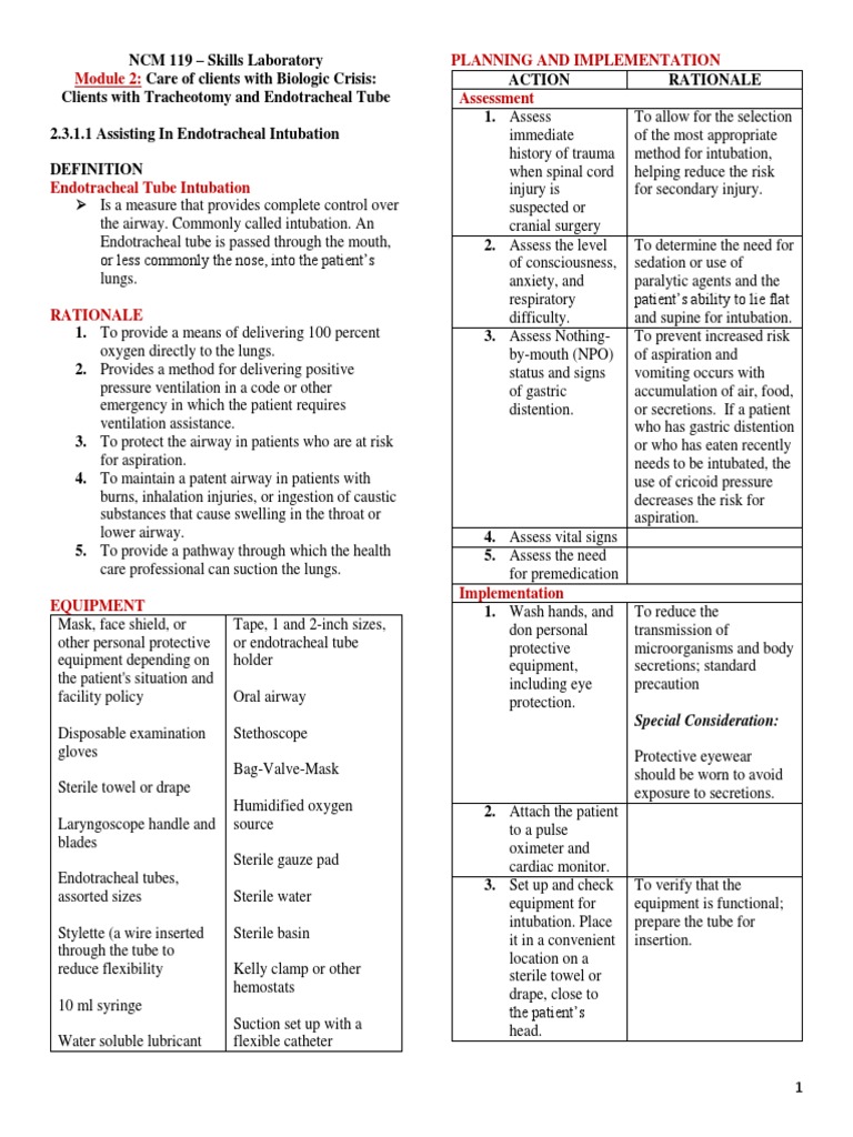 NCM 118 Skills Lab Module 2 Endotracheal Tracheostomy | PDF