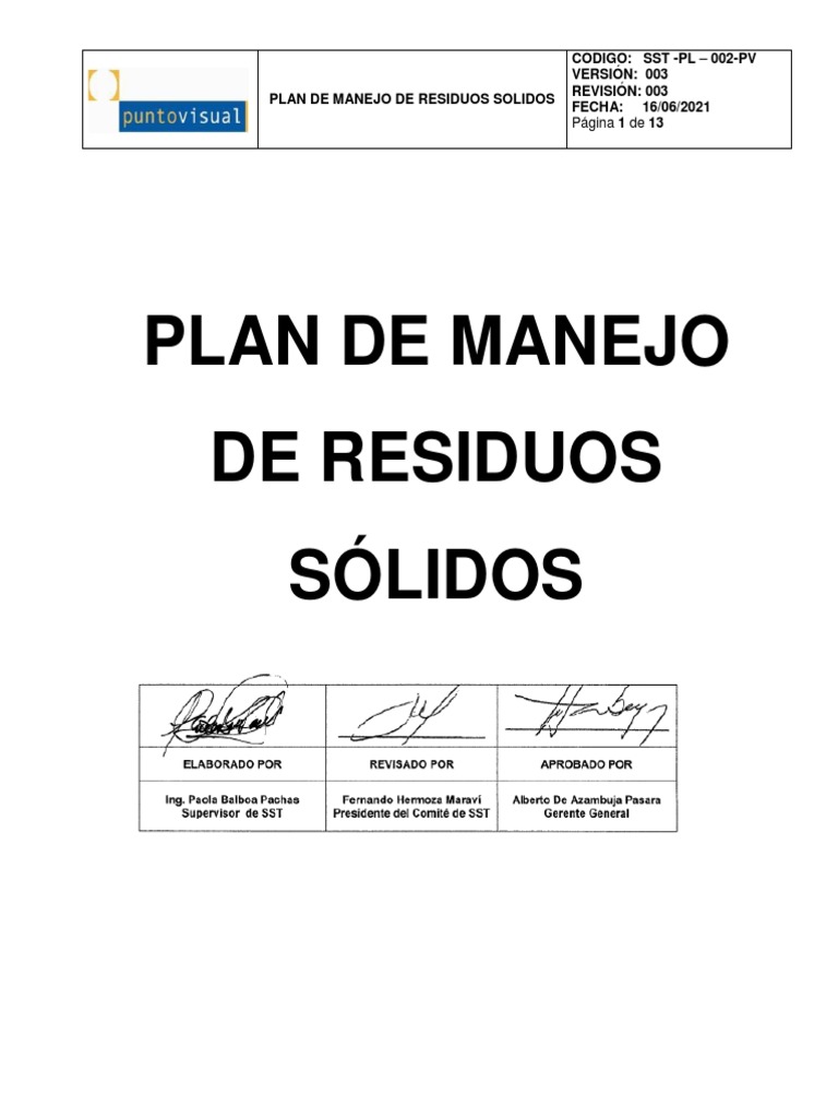 8) Plan de Manejo de Residuos Solidos (SST-PL-002-PV) | PDF | Residuos | Vertedero