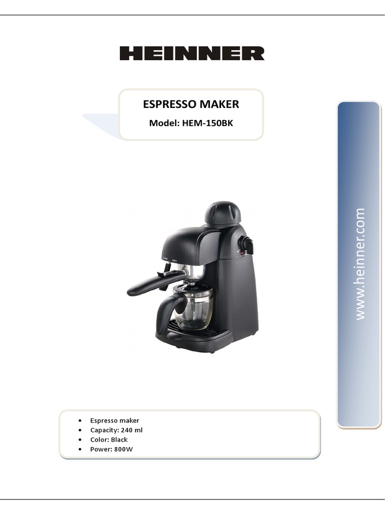 Heinner HEM-150BK Espresso Maker Guide | PDF | Coffee | Ac Power Plugs ...