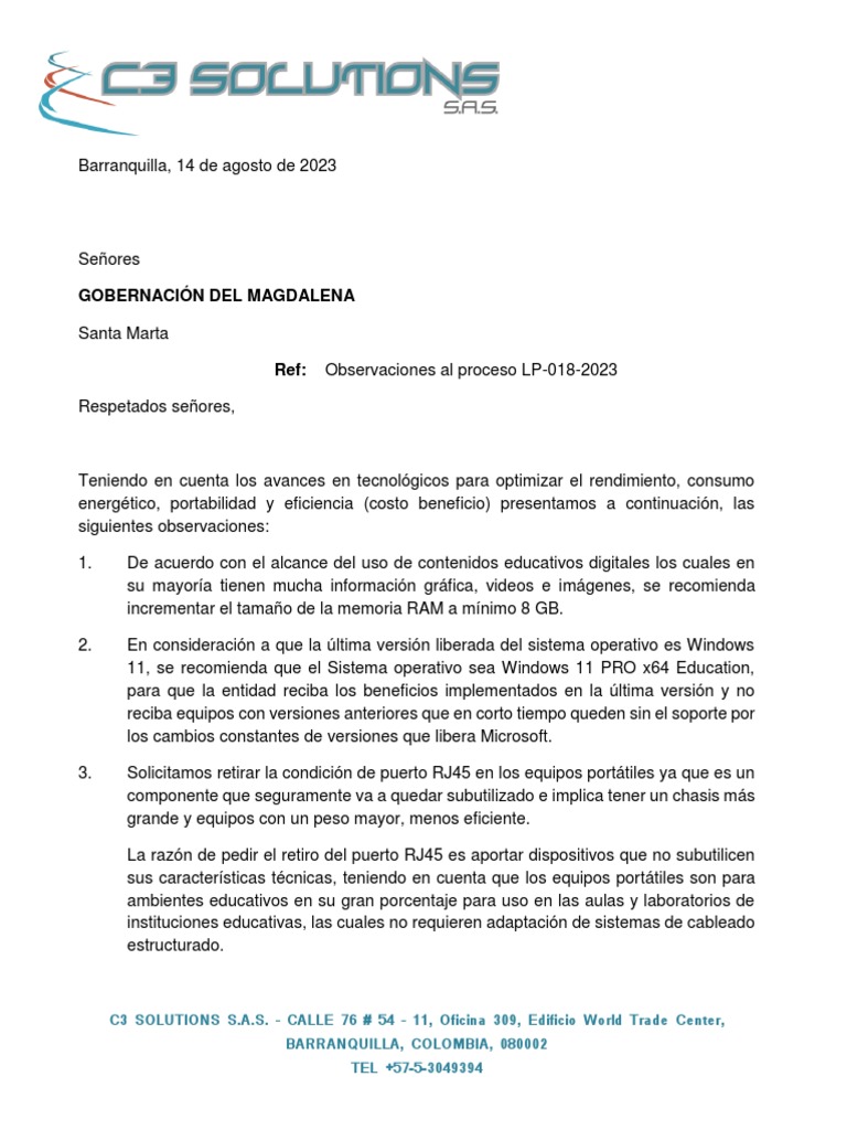 Observaciones Al Proceso LP-018-2023 - C3 Solutions SAS | PDF | Inalámbrico | Red inalámbrica