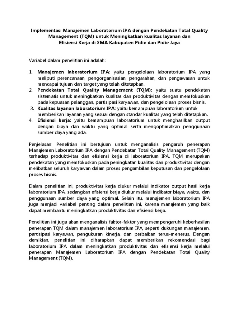 Penerapan Manajemen Laboratorium IPA Dengan Pendekatan Total Quality Management | PDF