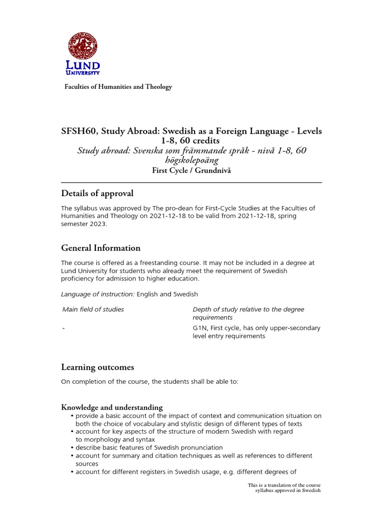 Study Abroad: Swedish Language Course | PDF | Reading Comprehension ...