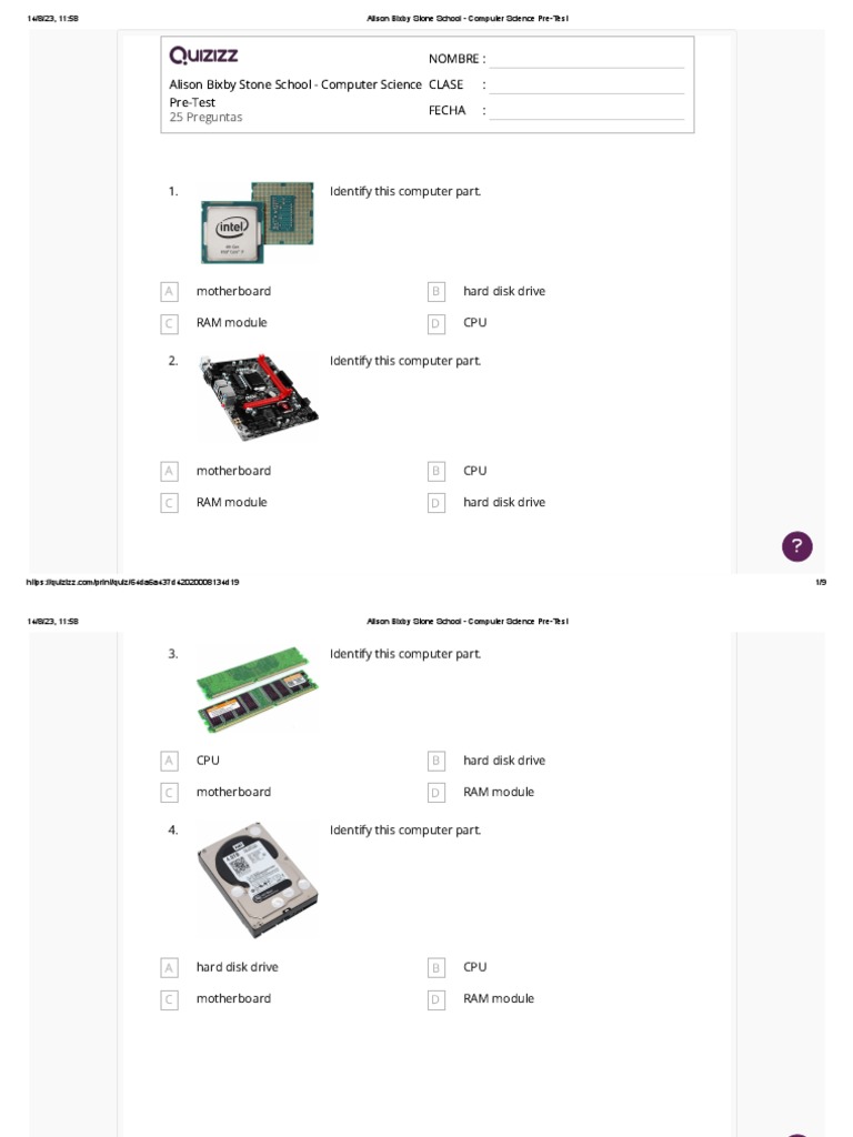 Computer Science Pre-Test Quiz | PDF | Cursor (User Interface) | Equipment