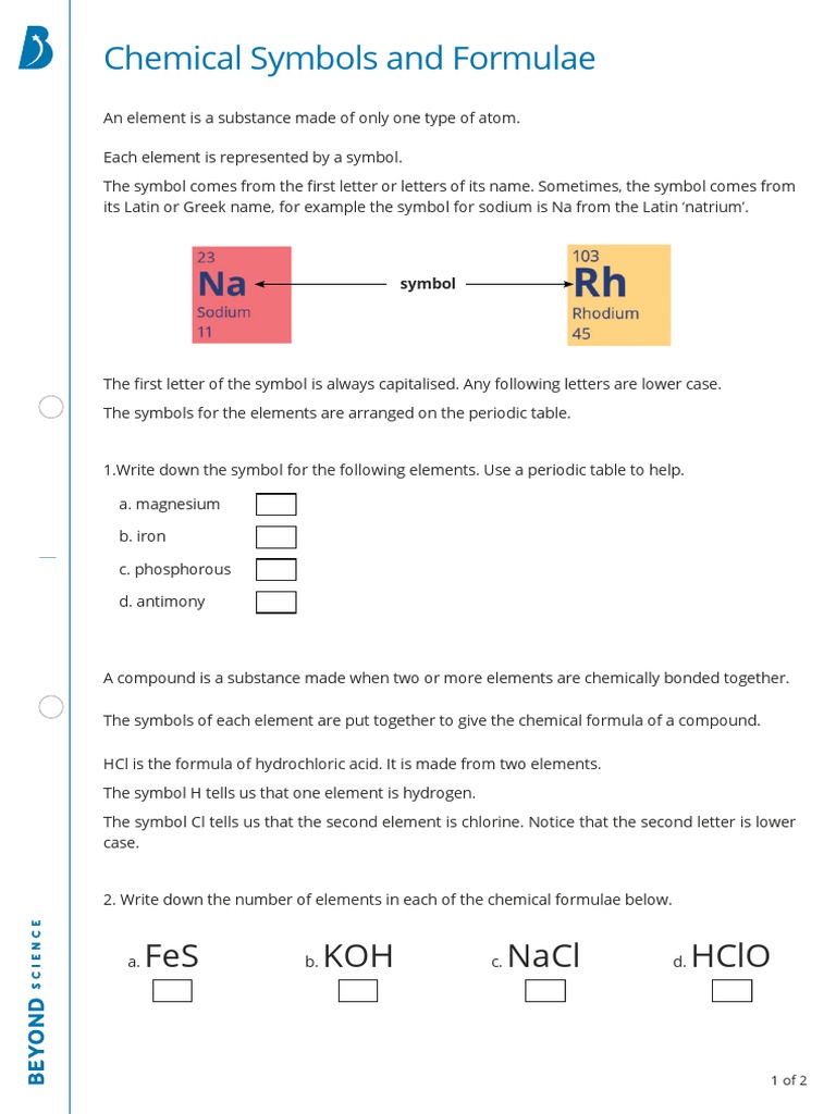Chemical Symbols and Formulae Worksheet (Interactive) | PDF | Chemical ...