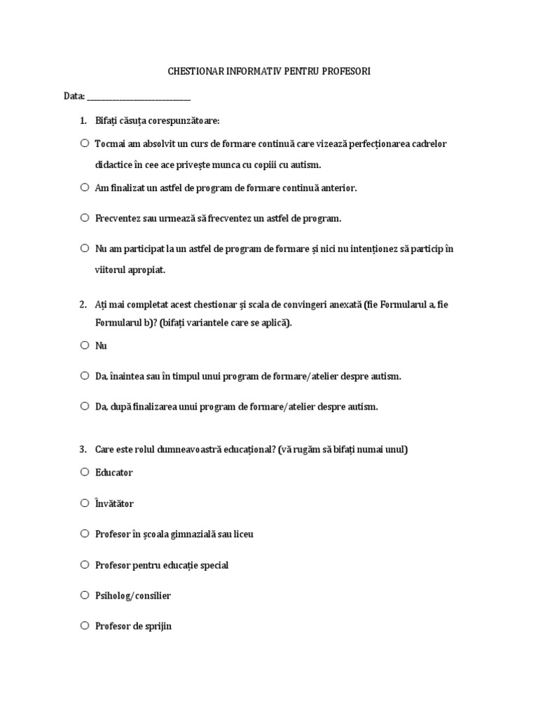 Autism Attitude Scale - Chestionar Informativ Pentru Profesori + Scală ...