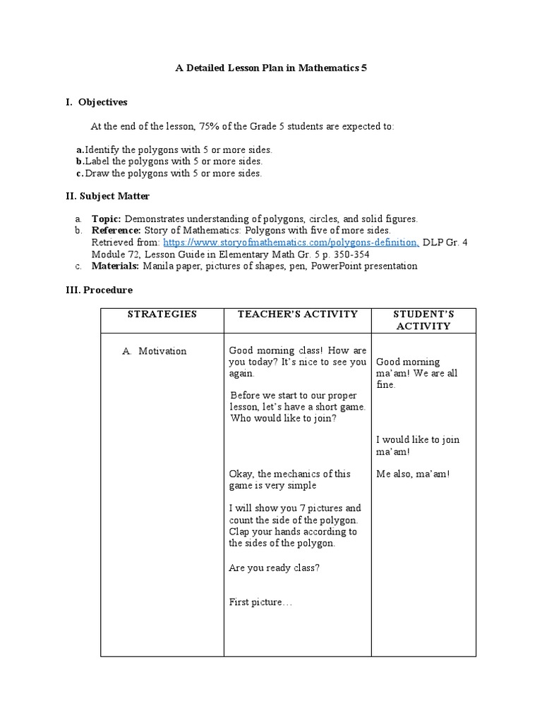 A Detailed Lesson Plan in Mathematics 5 TTTT | PDF | Shape | Triangle
