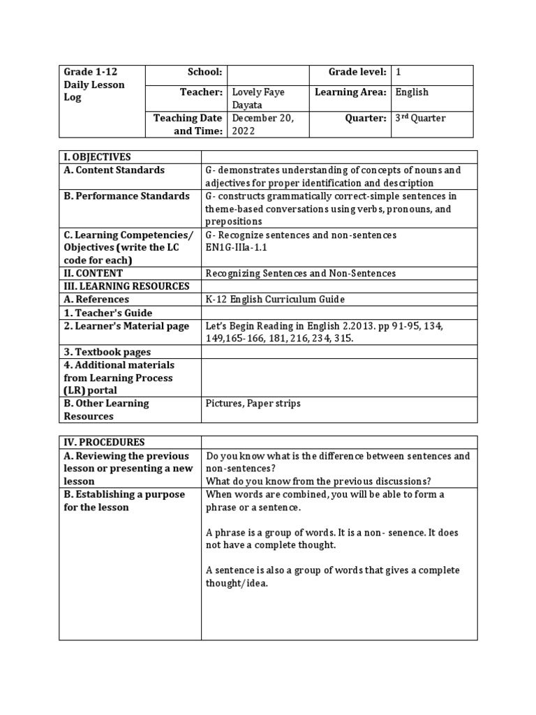 DLL - Gr.1 Q3 - Sentences and Non-Sentences | PDF | English Language ...