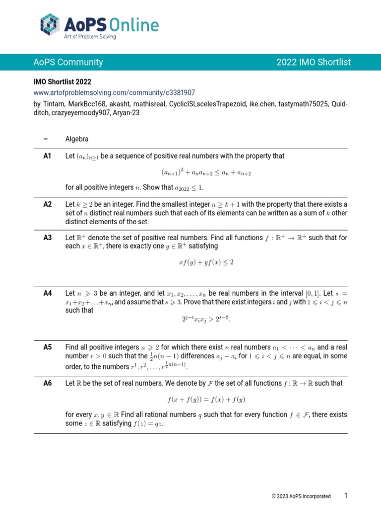 Imo Shortlist 2022 Pdf Triangle Mathematics