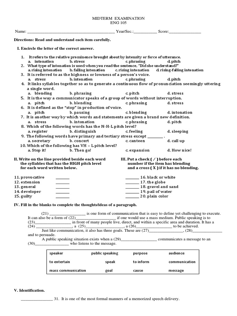 Midterm Exam-Eng 105 | PDF | Stress (Linguistics) | Public Speaking