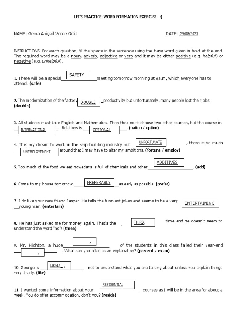 Word Formation Exercise Guide | PDF | Linguistics | Grammar