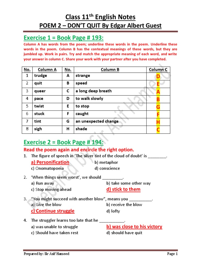 Don't Quit: Class 11 Study Guide | PDF | Poetry