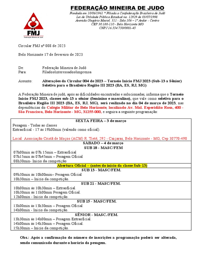 Circular FMJ Nº 008 de 2023 Alterações Da Circular 004 de 2023 Torneio ... Circular FMJ Nº 008 de 2023 Alterações Da Circular 004 de 2023 Torneio ...