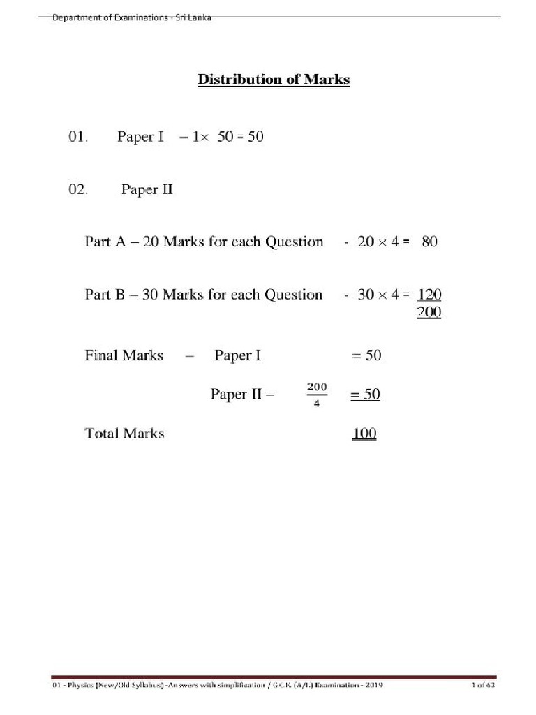 AL Physics 2019 Marking Scheme For Paper I II2 | PDF