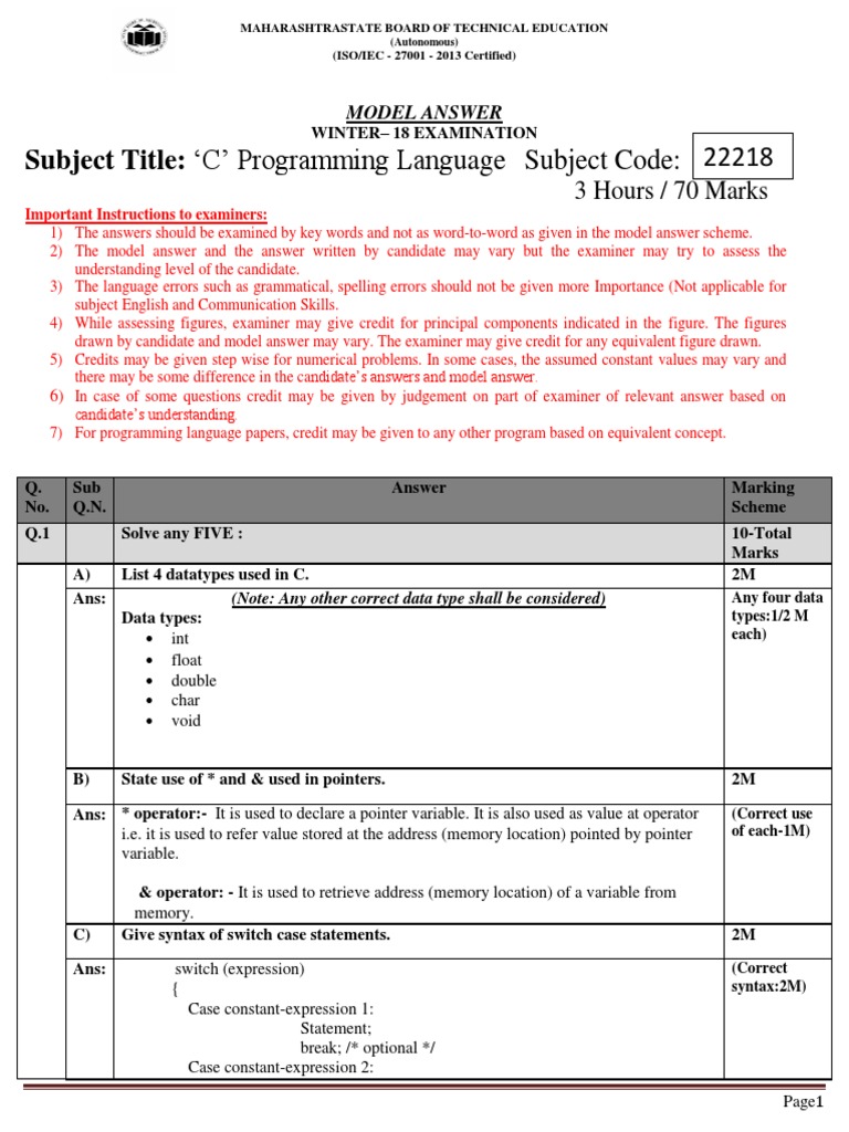 Model Answers Winter 2018 | PDF | Pointer (Computer Programming) | Control Flow