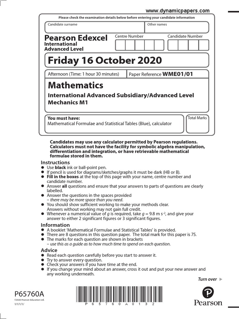 M1 IAL Oct. 2020 | PDF | Force | Mathematics