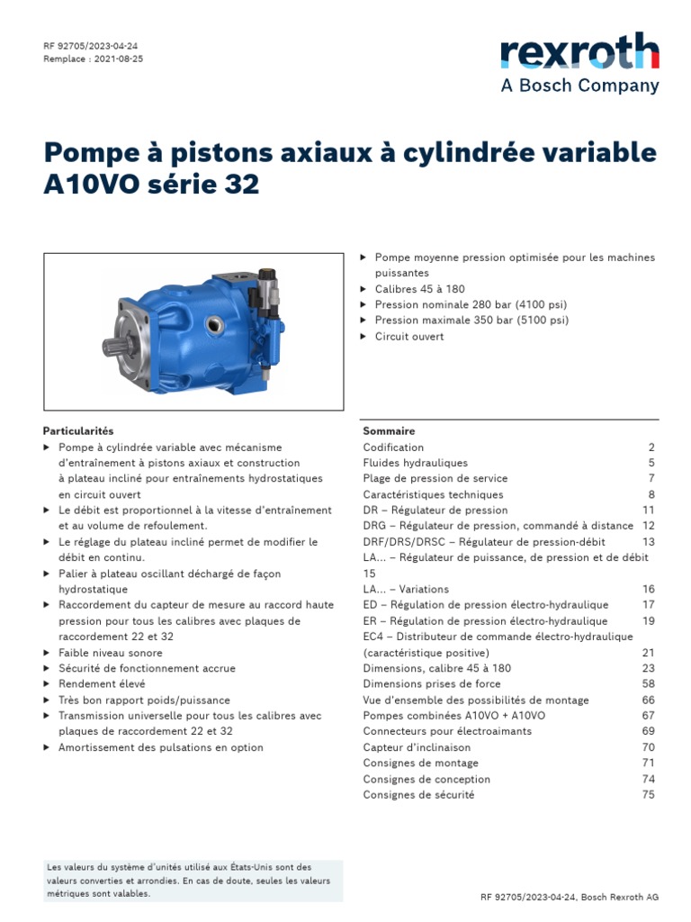 Pompe À Pistons Axiaux À Cylindrée Variable A10VO Série 32: RF 92705/ ...