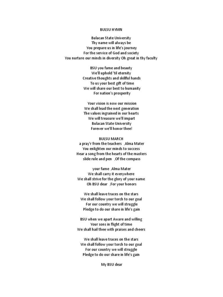 BULSU HYMN Bulacan State University Thy Name Will Always Be | PDF